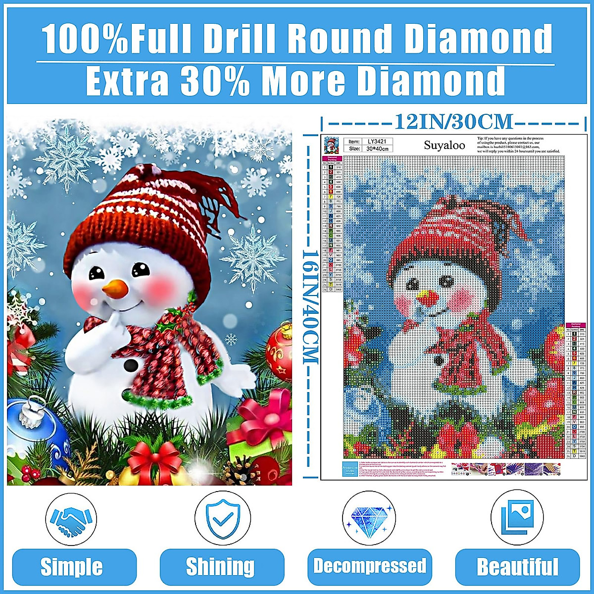 Suyaloo Snowman Diamond Painting Kits for Adults - 5D Diamond Art Kits for Adults Kids Beginner,DIY Christmas Round Full Drill Paintings with Diamonds Gem Art for Adults Home Wall Decor 11.8x15.7inch