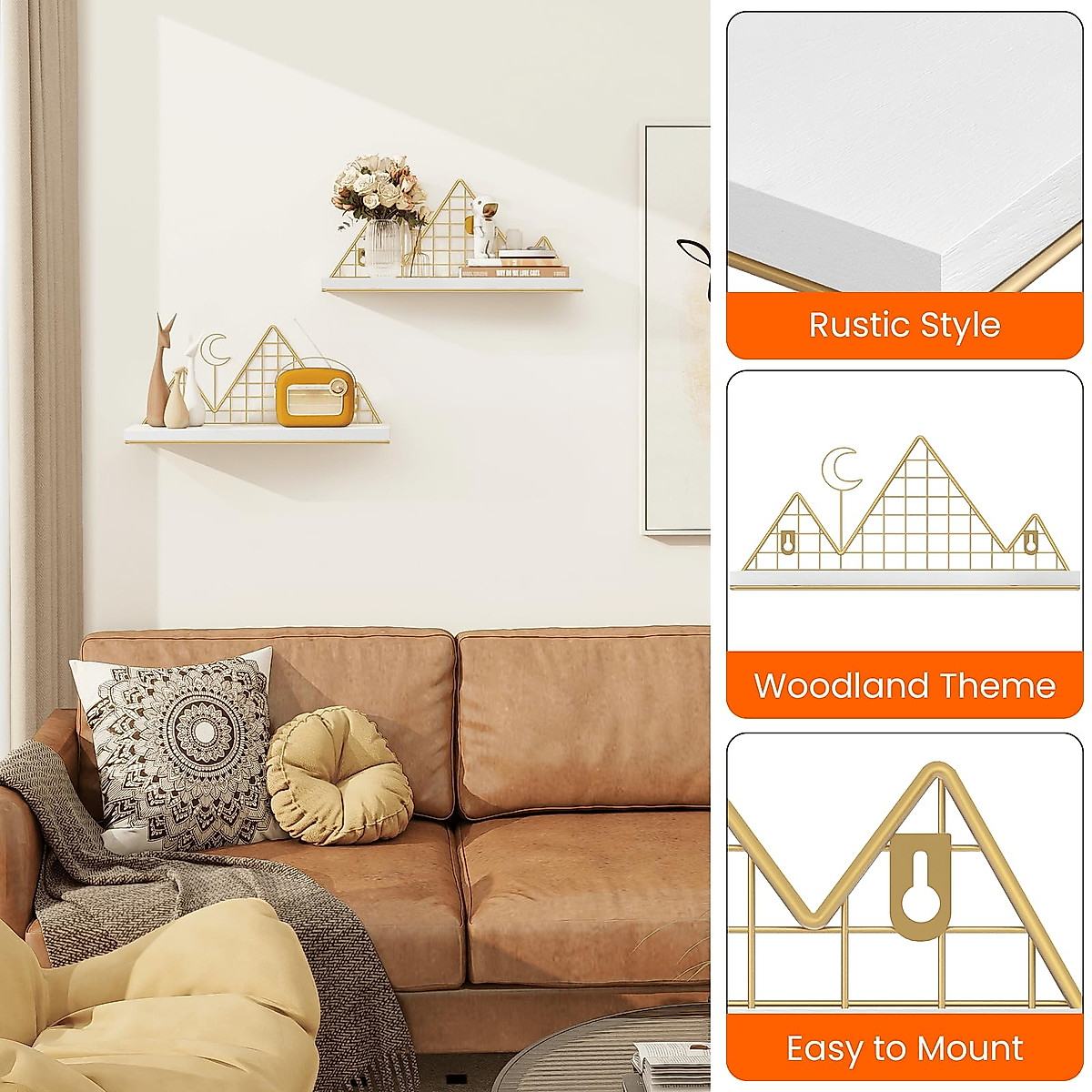 Homode Floating Shelves, Set of 2 Mountain Shelves Wall Decor, Metal and Wood Hanging Shelves Woodland Bookshelf for Nursery, Kids Room, Bathroom, Bedroom, White and Gold