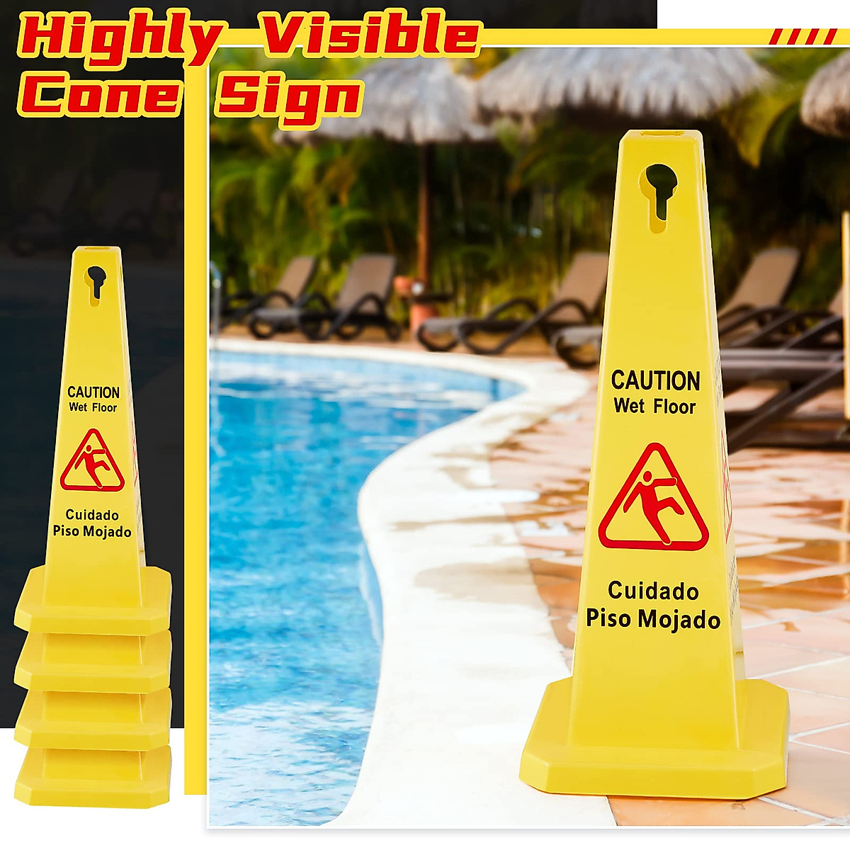 10 Pieces Floor Safety Cone Yellow Caution Wet Floor Sign 4 Sided Floor Wet Sign Public Caution Wet Floor Cone Yellow Avoid Fall Slip Accident for Indoors and Outdoors