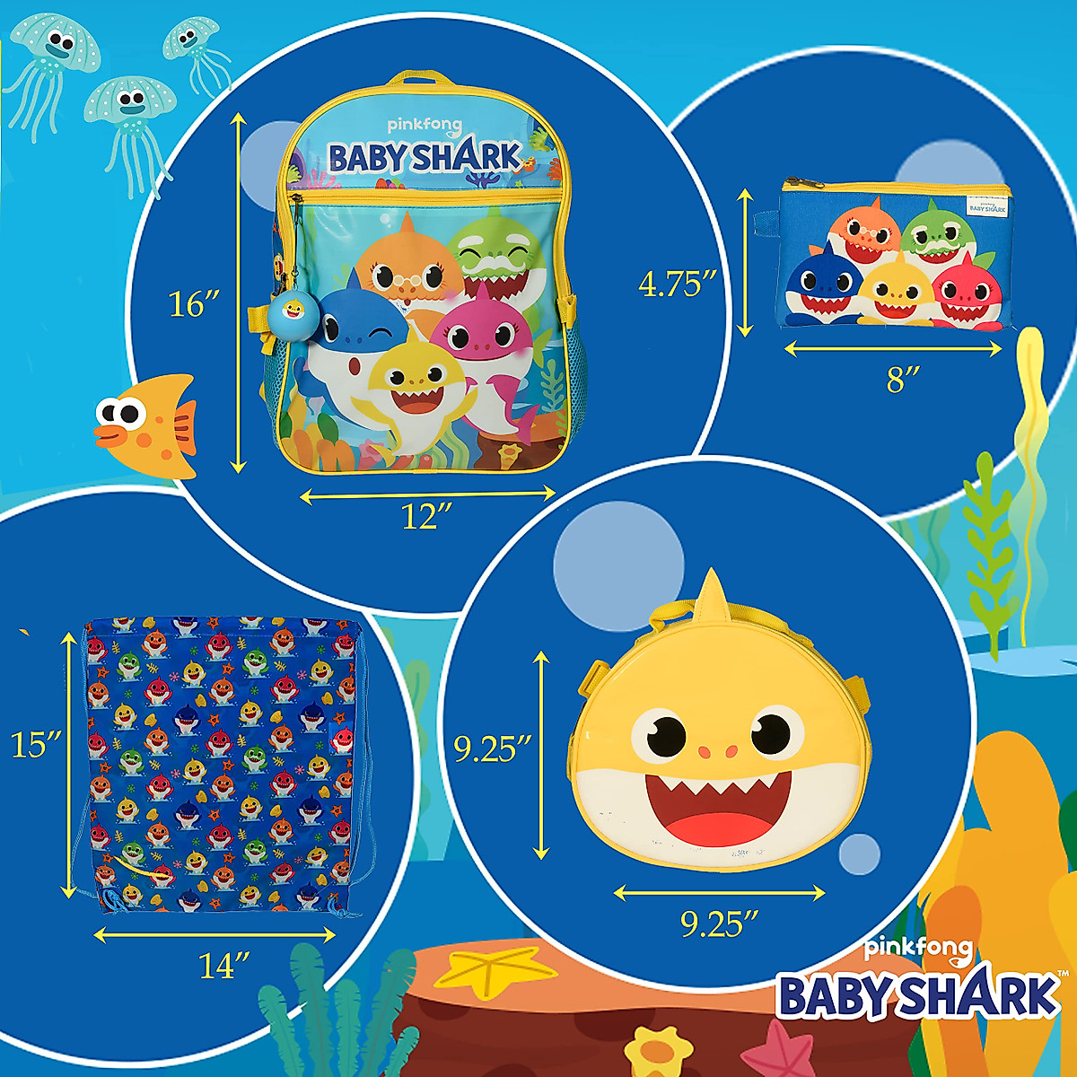 Baby Shark 5 Piece Backpack Set for Kids, Kindergarten Schoolbag with Insulated Lunch Box, Pencil Case, Cinch Bag, and Squishy Ball Toy Dangle, Daypack for Toddler’s Boys and Girls