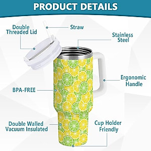 Wfrish Tumbler with Handle and Straw Lid,Round Slices Lime Lemon Yellow Green 40 oz Insulated Coffee Cup Stainless Steel Fruit Water Bottle Travel Mug Cupholder Friendly,Gifts for Women Men