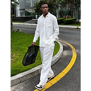 COOFANDY Mens Coordinated Outfit White Linen Pants and Shirt Set Casual Linen Sets 2 Piece Summer Beach Clothes, White, Medium