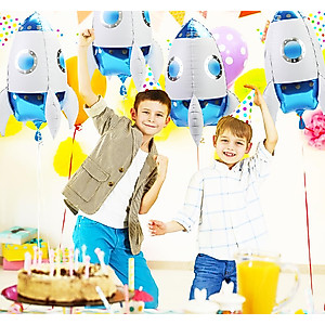 4D 23'' Giant Universe Space Rocket Balloons, Science Fiction Interstellar Rocket Helium Mylar Foil Balloons, 4 Pack Astronaut Theme Outer Space Party Suppliers Birthday Decoration (Blue), with Ribbon