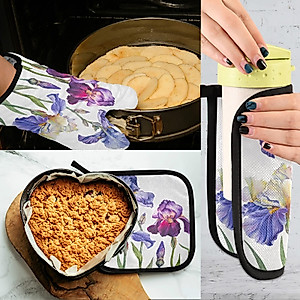 Royal Iris Flowers Kitchen Oven Mitts Pot Holders Sets Heat Resistant Machine Washable BBQ Gloves for Cooking Baking Grilling