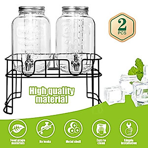 1 Gallon Glass Drink Dispensers For Parties 2PACK.Beverage Dispenser，Drink Dispenser With Stand And Stainless Steel Spigot 100% Leakproof.Glass Drink Dispenser With Ice Cylinder. Lemonade
