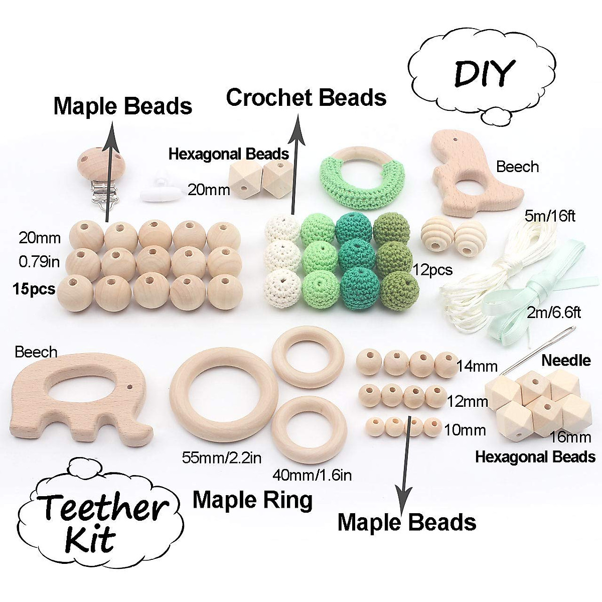 Teething Kit Baby Wooden Beads Rings Supplies, Make Your Own Baby Chew Jewelry, DIY Teether Necklace, 61pcs, Green
