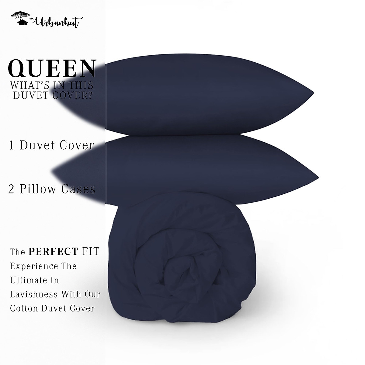URBANHUT Queen Size Duvet Cover Set (3Pc),100% Cotton 400 Thread Count, Luxury Sateen Weave Quilt Cover, Soft & Breathable Comforter Cover with Hidden Button Closure and 2 Pillow Cases - Navy Blue