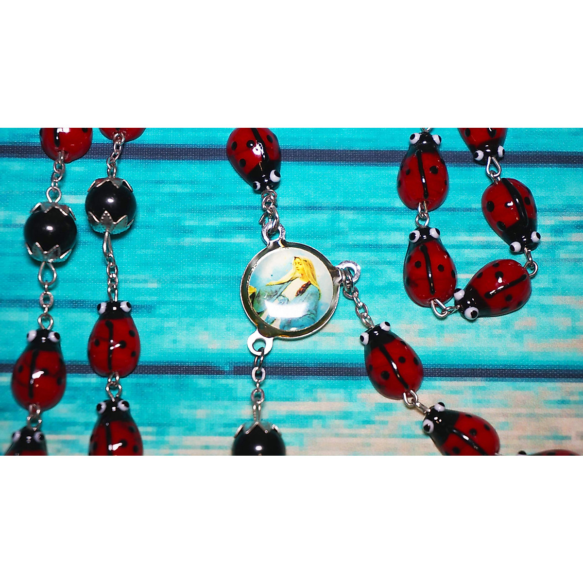 col-p Catholic Steel Rosary Ceramic Ladybug Devotional 29" inch long centerpiece Lady of Grace Sanctified Papal Crucifix Zinc Alloy