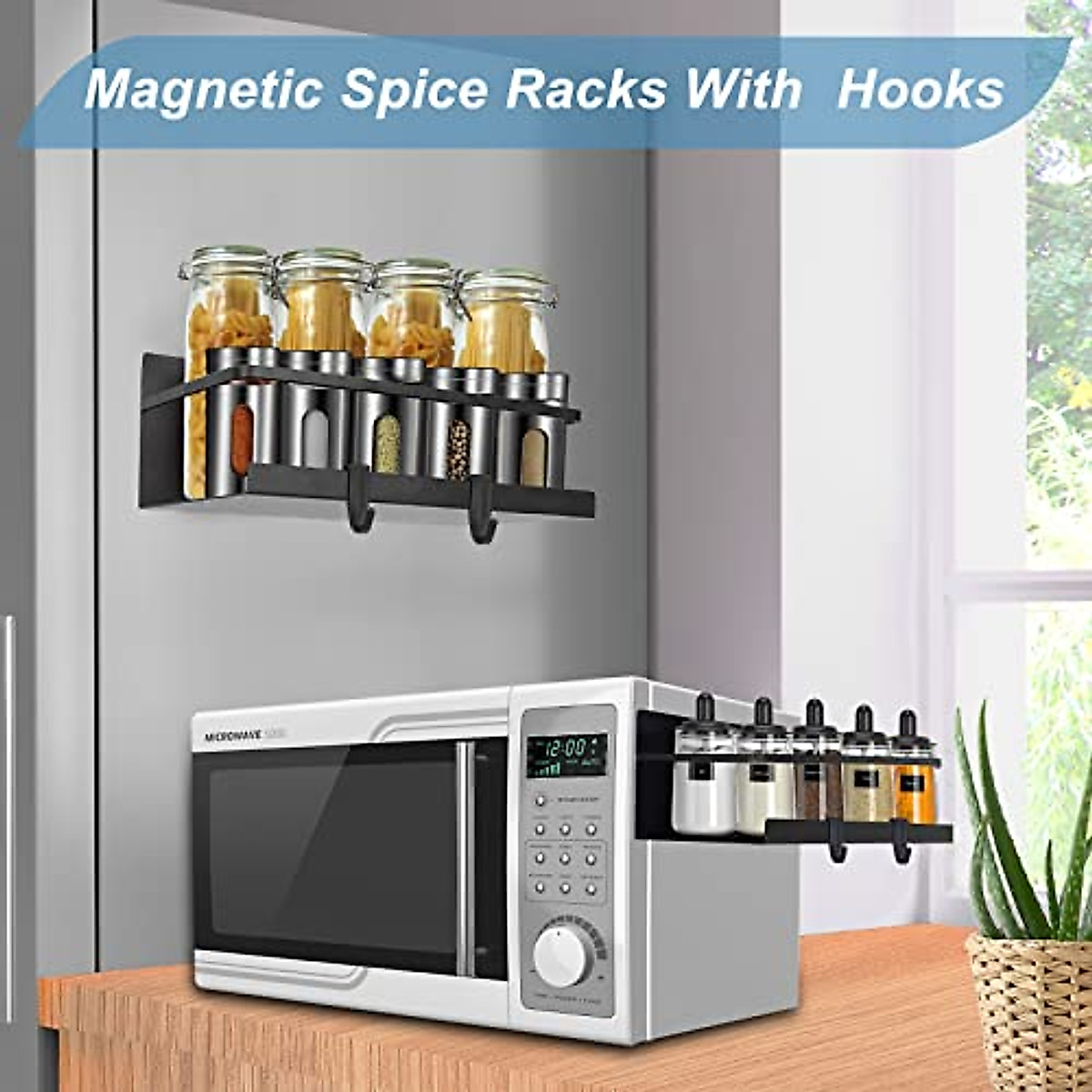 Jazzsthup Magnetic Spice Rack, 2 Pack Magnetic Spice Rack for Refrigerator, Strong Magnetic Shelf with Removable Hooks, Magnetic fridge organizer for Holding Jars, Perfect Space Saving stove shelf