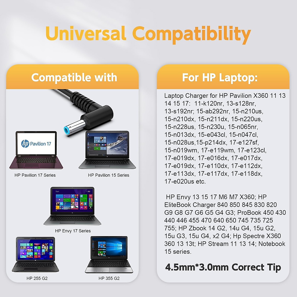 90W Laptop Charger for HP Pavilion X360 11 13 14 15 17; HP Envy 13 15 17 M6 M7 X360, Stream 11 13 14 AC Adapter; HP Spectre X360 13 15, Elitebook Power Supply Cord (Smart Blue Tip)