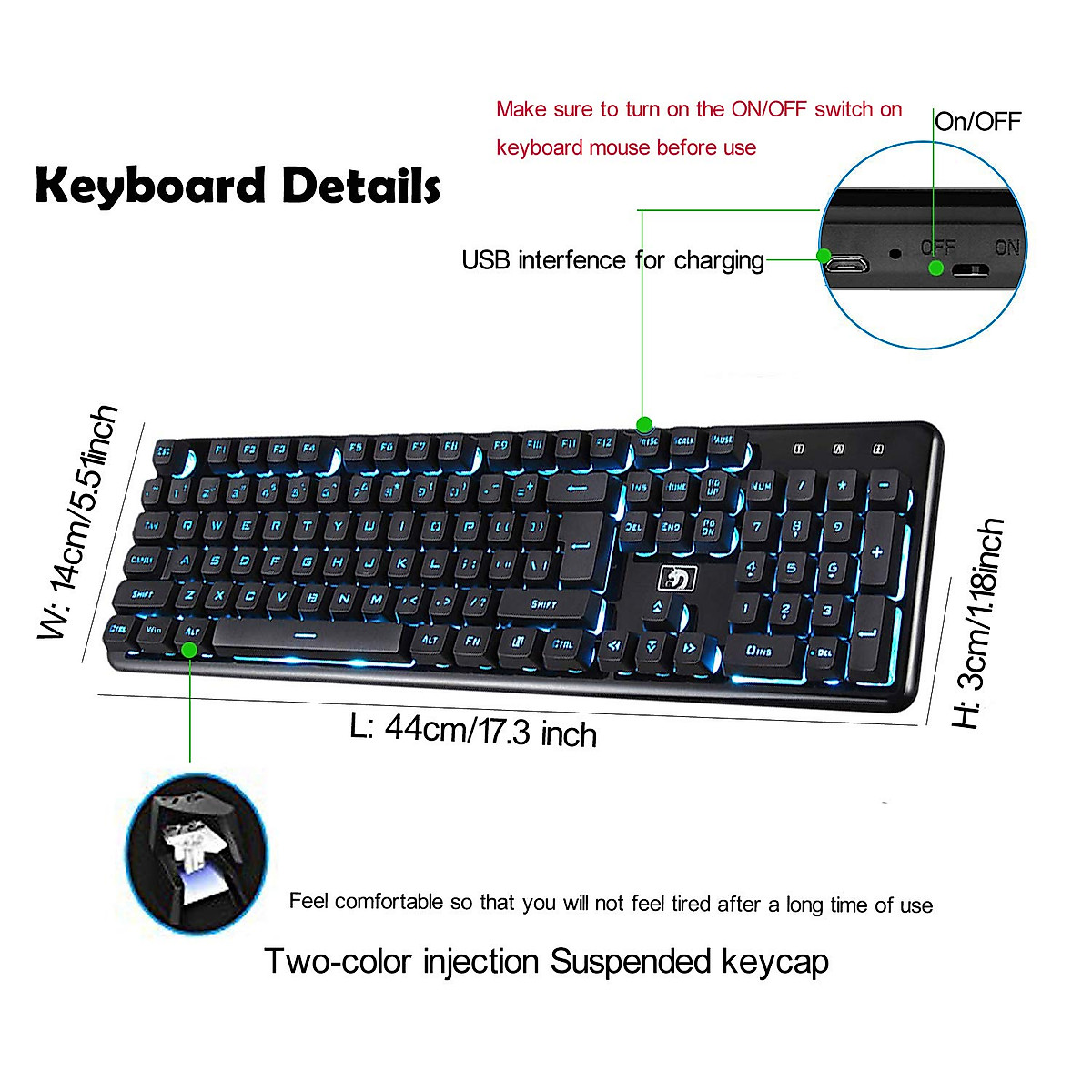 Soke-Six Wireless Rechargeable Backlit Keyboard and Mouse Combo, 2.4G Full-Size Mechanical Feel Gaming Keyboards with USB 2400DPl Mice,Adjustable Breathing Lamp,Anti-Ghosting (Black& Blue Light)