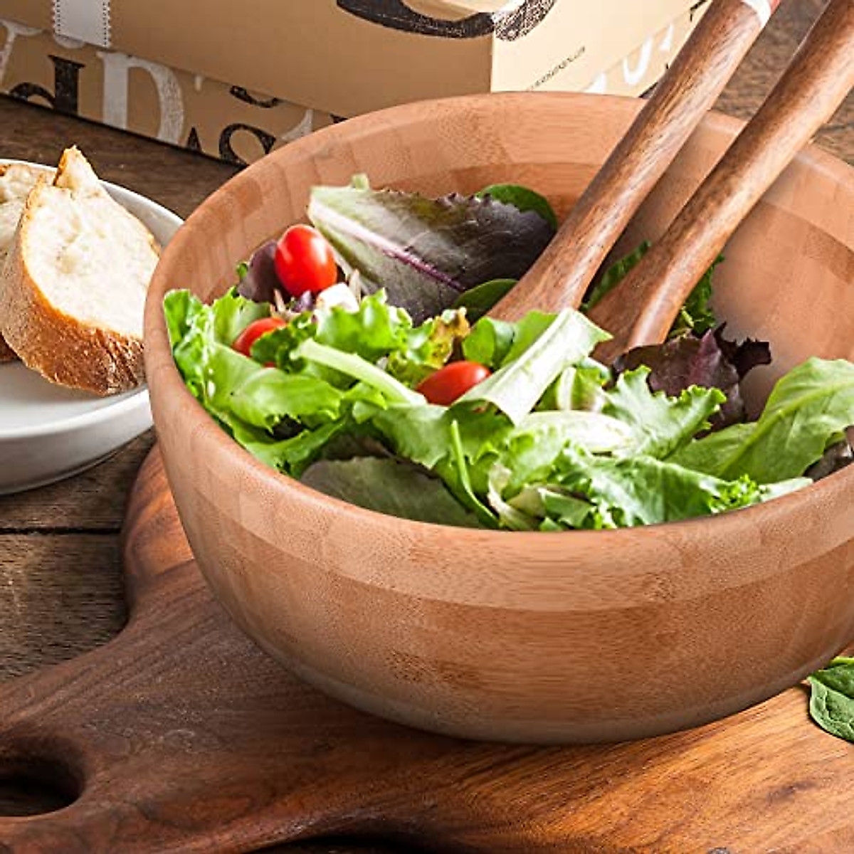 GinSent Bamboo Salad Bowls Set, 3 Pack Stackable Salad Serving Bowls, Eco Friendly Natural Wooden Bowls For Food, Salad, Fruit, Rice, Pasta, Soup, Cereal, Snack and Nuts