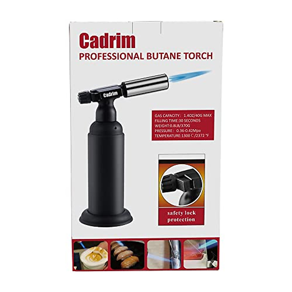 Big Butane Torch, Powerful and Strong Kitchen Torch Lighter with Safety Lock and Adjustable Flame, Refillable Blow Torch for Creme Brulee, Baking, Desserts and Searing
