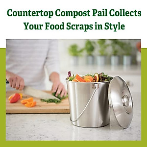Gardener's Supply Company Brushed Stainless Steel Kitchen Compost Pail | Holds 1 Gallon of Food Scraps for Organic Indoor Composting | 7-1/4" D x 7" H