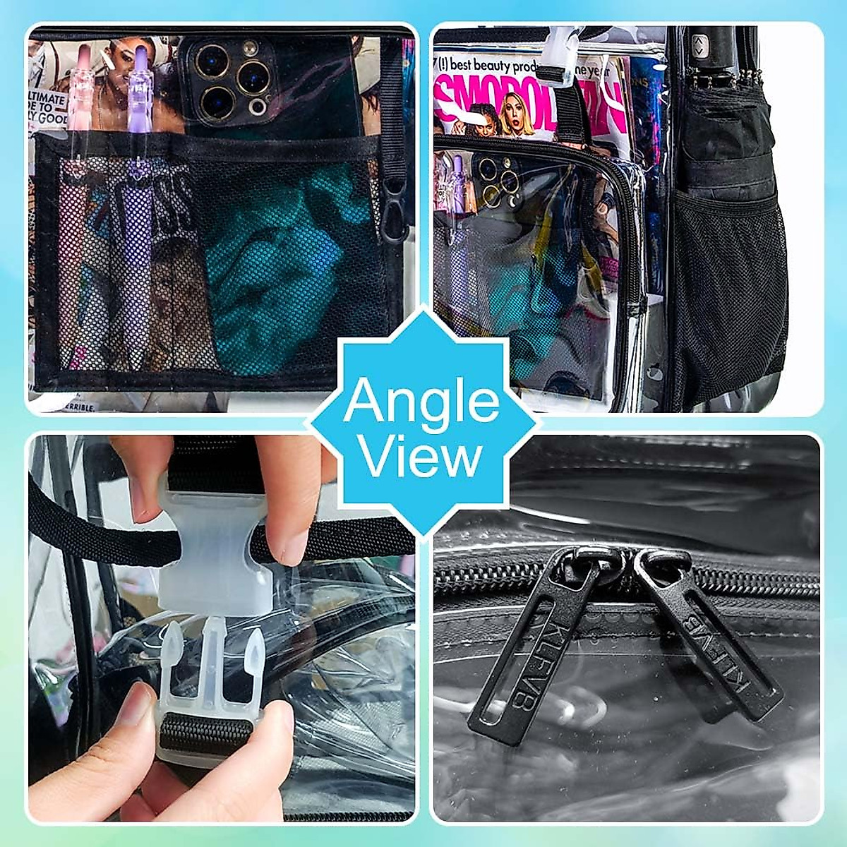 FTJCF Clear Backpack, Stadium Approved Transparent Bookbag, Heavy Duty PVC See Through Backpack - Black