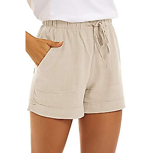 KINGFEN Womens Shorts Casual Lounge Cotton Shorts Casual for Summer Mid Rise Elastic Waist Linen Beach Pull On Comfy Drawstring Stretchy Short with Pockets Beige Large