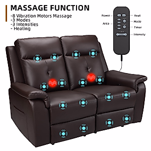 VUYUYU 2 Seater Recliner Sofa - Double Reclining Loveseat with Massage & Heating - PU Leather Home Theater Seating Manual Recliner Motion Living Room Chair (Brown)