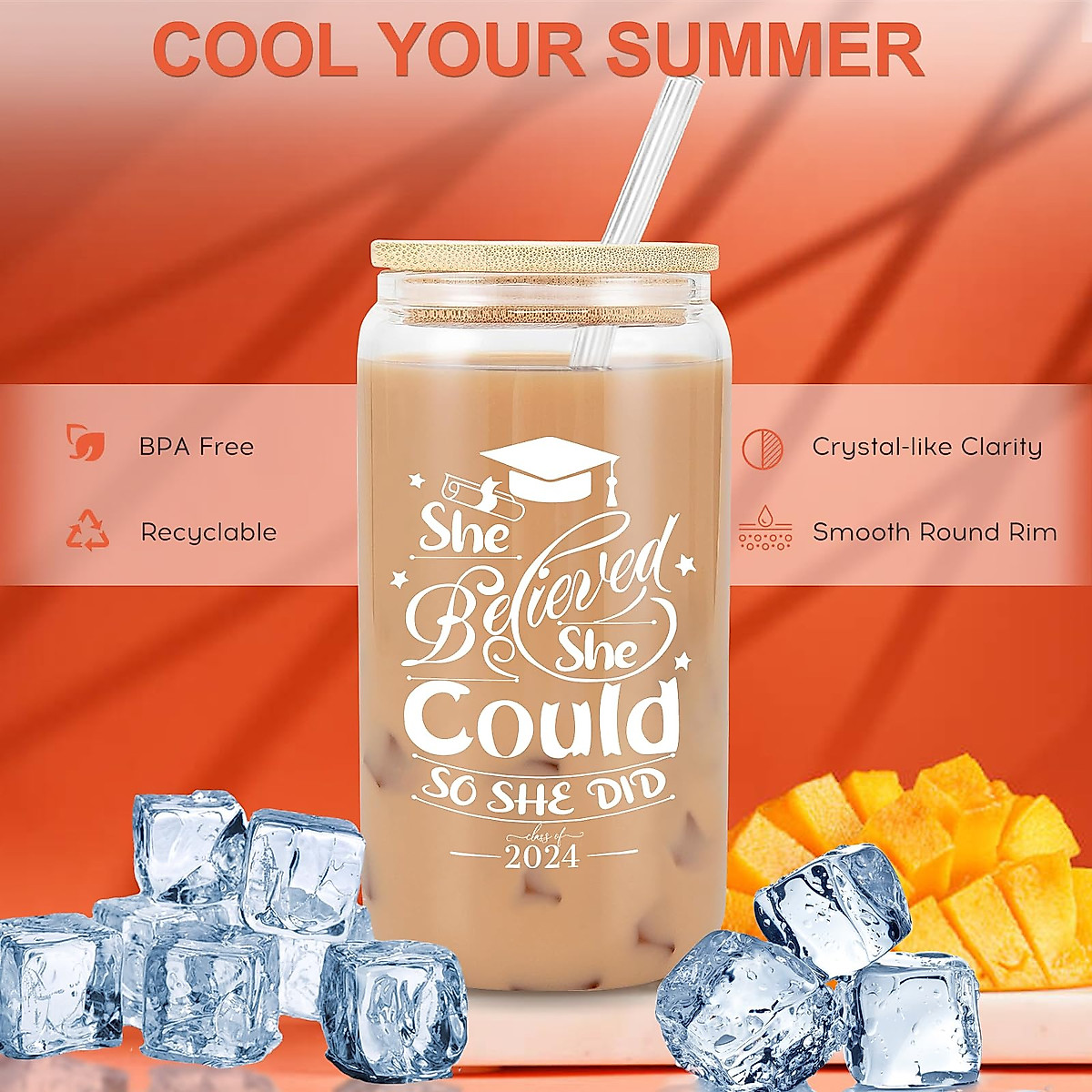 Graduation Gifts - Graduation Gifts for Her 2024 - Class of 2024 - She Believed She Could So She Did - Graduation College Student Gifts New Job Gift Congratulations Gifts - 18oz Glass Coffee Cup