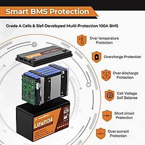 12V 100Ah Self-Heating LiFePO4 Lithium Battery with Smart APP, 4000+Cycle LiFePO4 Battery, Built-in 100A BMS, Wireless Real-Time Battery Monitor Function for RV, Marine, Off Grid Application