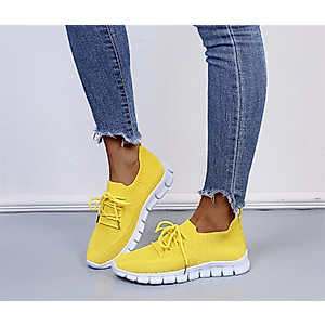 Lausiuoe Womens Shoes for Plantar Fasciitis Support Slip On Breathable Mesh Walking Shoes Women Fashion Sneakers Comfort Non Slip Running Tennis Gym Athletic Workout Shoes Yellow