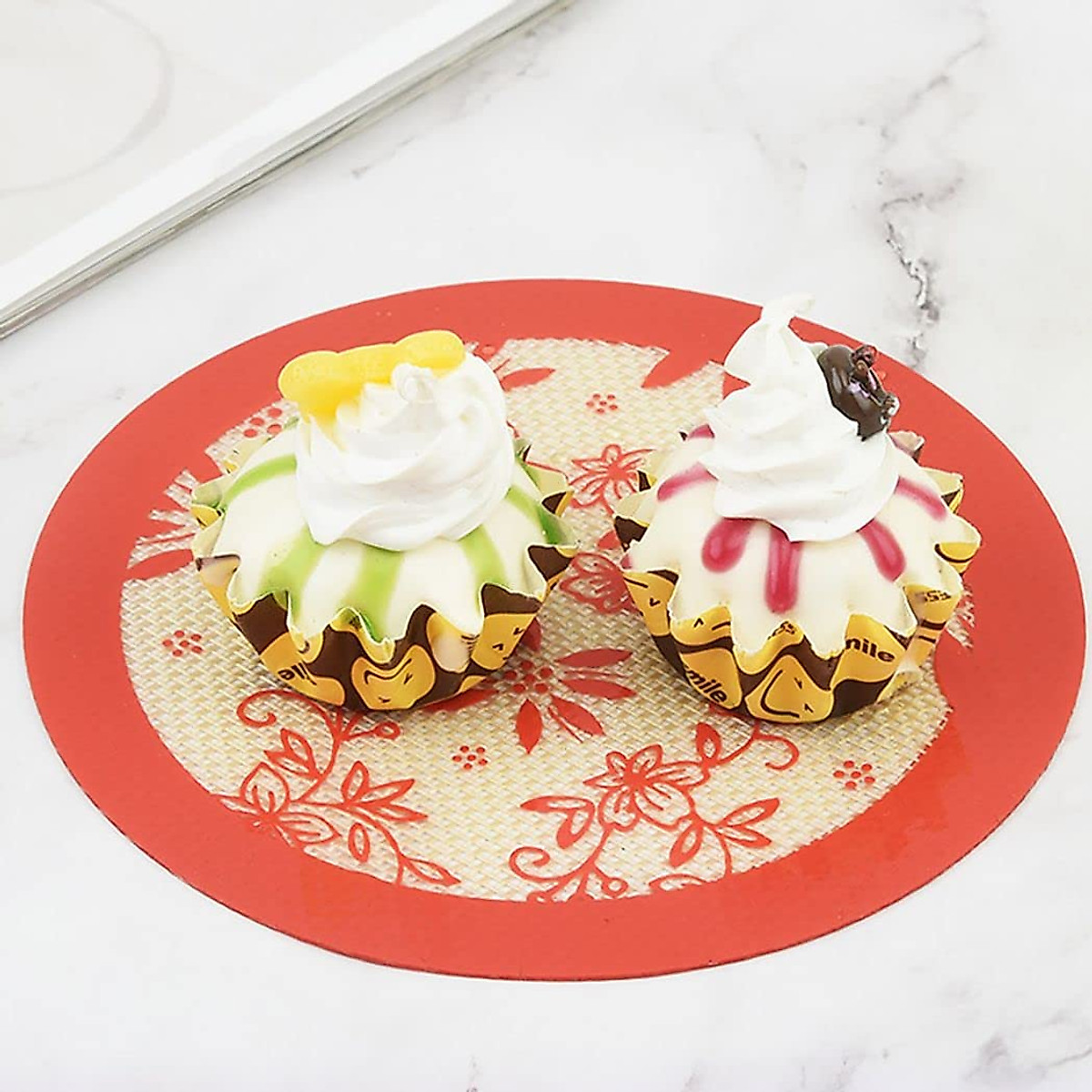 Round Silicone Baking Mats for Cake Pan - Food Grade Material, Reusable Silicone Mat for Baking Pan,Dough Roll Mats, Oven Liners for Bread/Tortilla/Macaron/Pastry/Pie/Bun/Pizza Pan (Yellow Red, 6PCS)