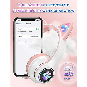 VuyKoo Kids Headphones with Microphone/RGB LED Light Up, Cat Ear Bluetooth Headphones 94dB Volume Limiting, Foldable Stereo Over-Ear Headphones for Kids Tablet/School/iPad/Smartphone (Pink)