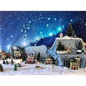 Leowefowa 7X5FT Christmas Backdrop Rustic Village Night View Forest Trees Snowing Shining Lights Blue Sky Winter Xmas Vinyl Photography Background Kids Children Adults Photo Studio Props