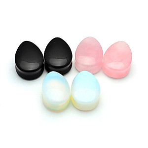 Mystic Metals Body Jewelry Set of 3 Pairs Teardrop Stone Plugs - Black Onyx, Opalite, Rose Quartz (3/4" (19mm))