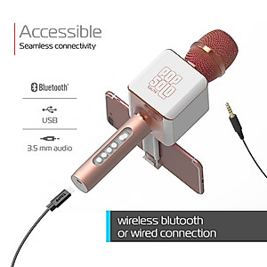 Tzumi PopSolo Professional Bluetooth Karaoke Microphone and Voice Mixer with Smartphone Holder – Great for Kids and Parties – Rose Gold