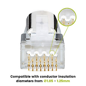 trueCABLE Cat6/6A RJ45 Pass Through Modular Plugs, Shielded (STP) External Ground Connector, UL Listed, EZ Crimp, Gold Plated 3 Prong 8P8C, 100 Pieces