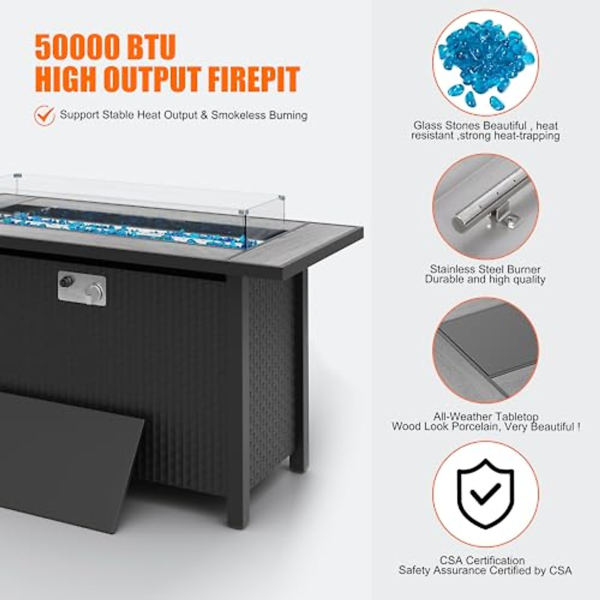 Walsunny 45 inch Outdoor Propane Fire Pit 50,000 BTU Gas Fire Pit Table with Lid, Glass Wind Guard, Waterproof Cover, Rectangle Gas Firepit Table for Garden/Patio, CSA Certification