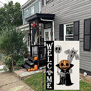 Halloween Welcome Garden Flag Burlap Double Sided Vertical 12×18 Inch Spooky White Ghost Jack Lantern Pumpkin Yard Decor DF108