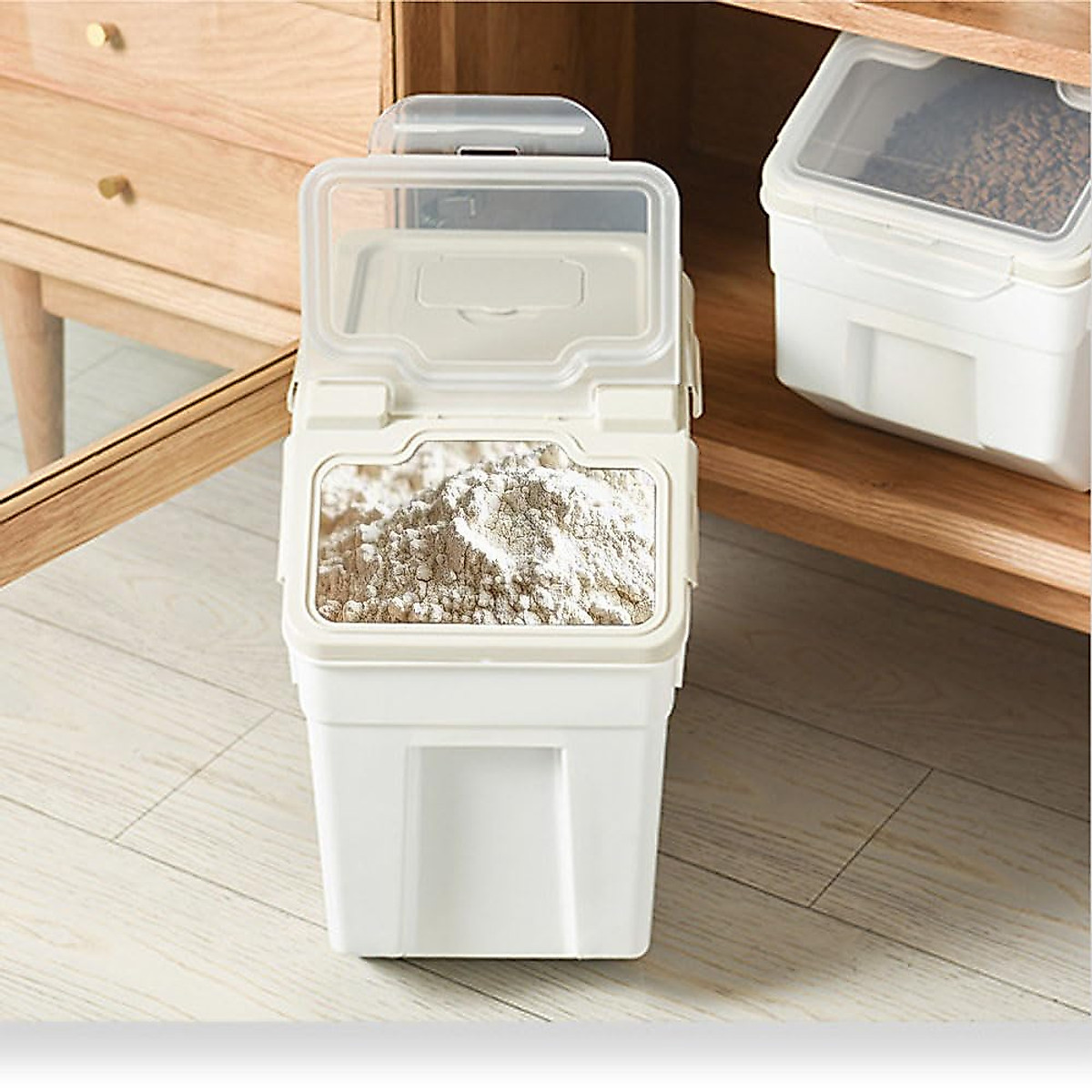 YXQ 25LB Large Flour Storage Container Bin ,2 Pack Airtight Plastic with Wheels Seal Locking Lid Dispenser Organizer Storage Bin with Measuring Cup & Scoop for Flour, Rice, Grain 50LBS Total