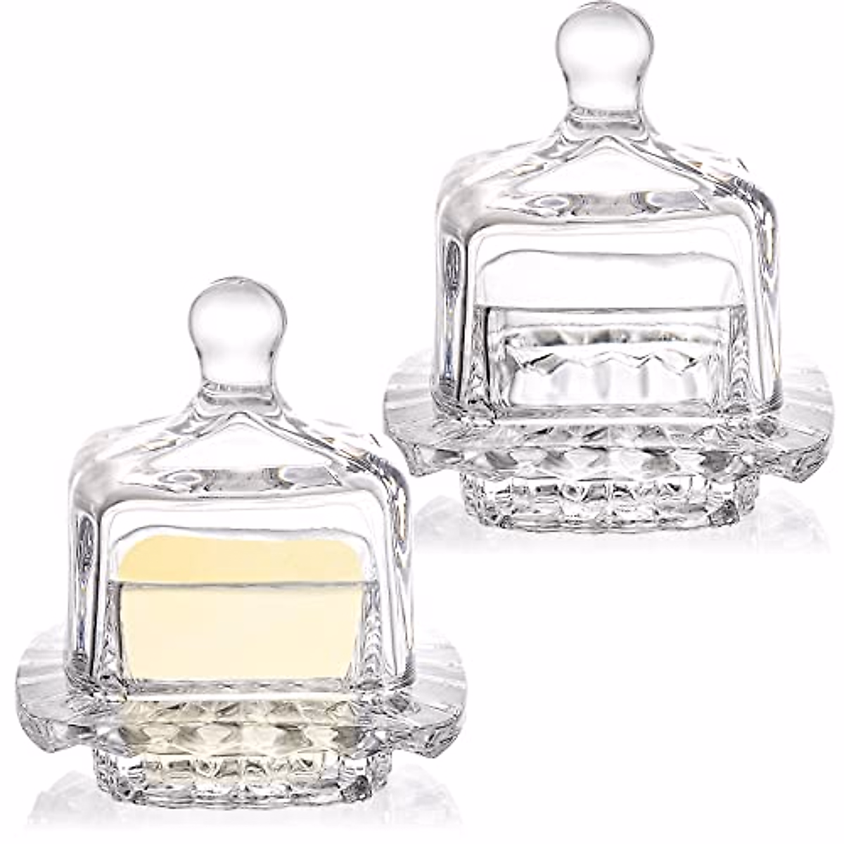 Frcctre 2 Pack Glass Butter Dish, Small Glass Butter Keeper with Dome Lid and Handle, Clear Covered Butter Serving Dish Decorative Crystal Mini Butter Container Butter Cloche