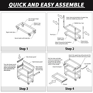 3 Tier Rolling Tool Cart, Tool Cart with Lockable Drawers and Universal Wheels, 500 LBS Capacity Service Utility Cart, Mechanic Tool Cart on Wheels for Garage, Warehouse, Repair Shop, Black
