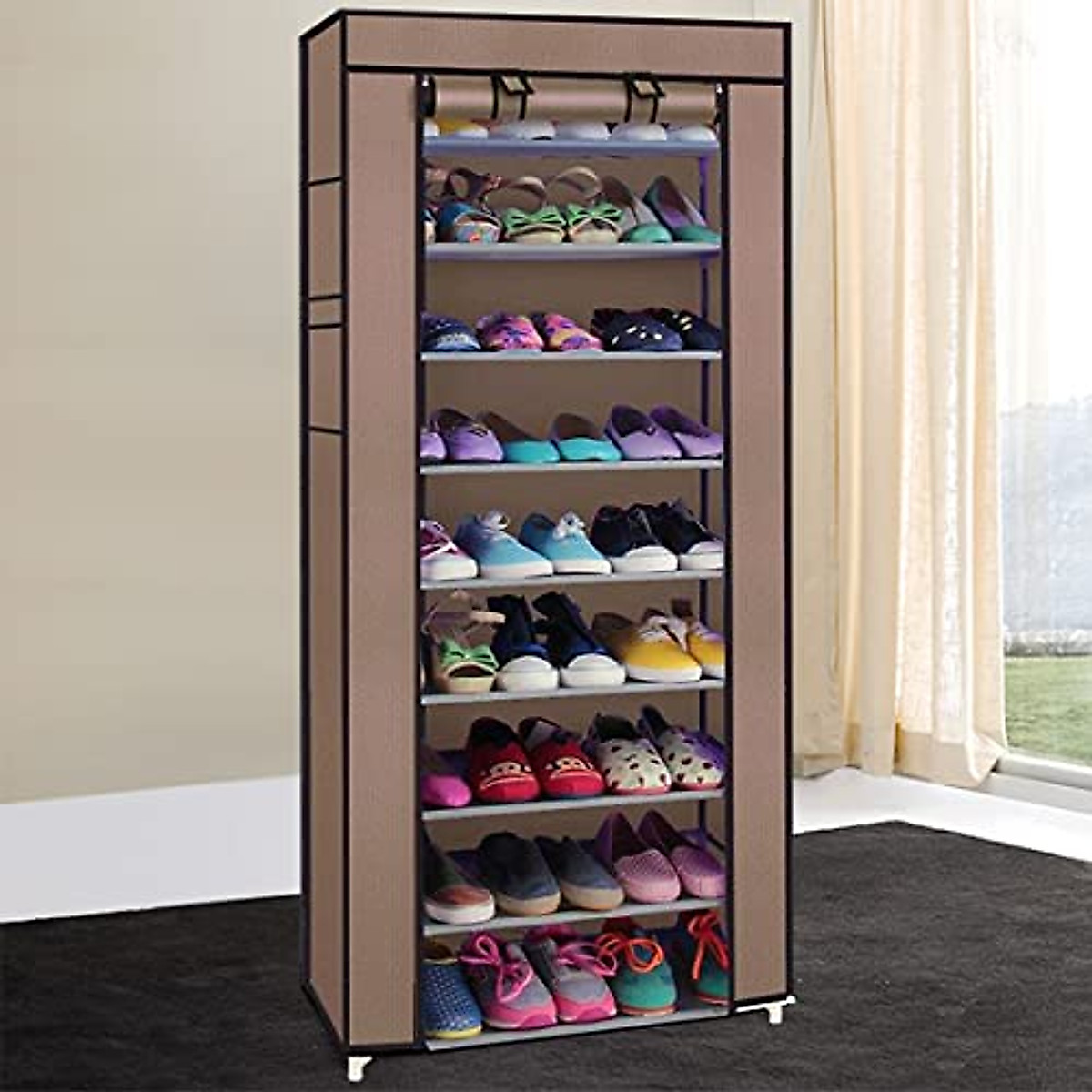 ADUZA 10-Tier Shoe Rack, 27 Pairs Stackable Entryway Shoe Storage Organizer, Free Standing Non-Woven Fabric Expandable Shoe Shelf for Hallway, Closet, Living Room Brown