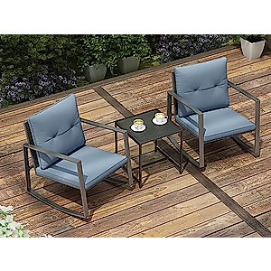 Pyramid Home Decor 3 Piece Rocking Bistro Set - Synthetic Wicker Outdoor Furniture - Glass Coffee Table with 2 Chairs for Balcony, Patio & Porch - Black Metal, Soft Cushions (Gray)