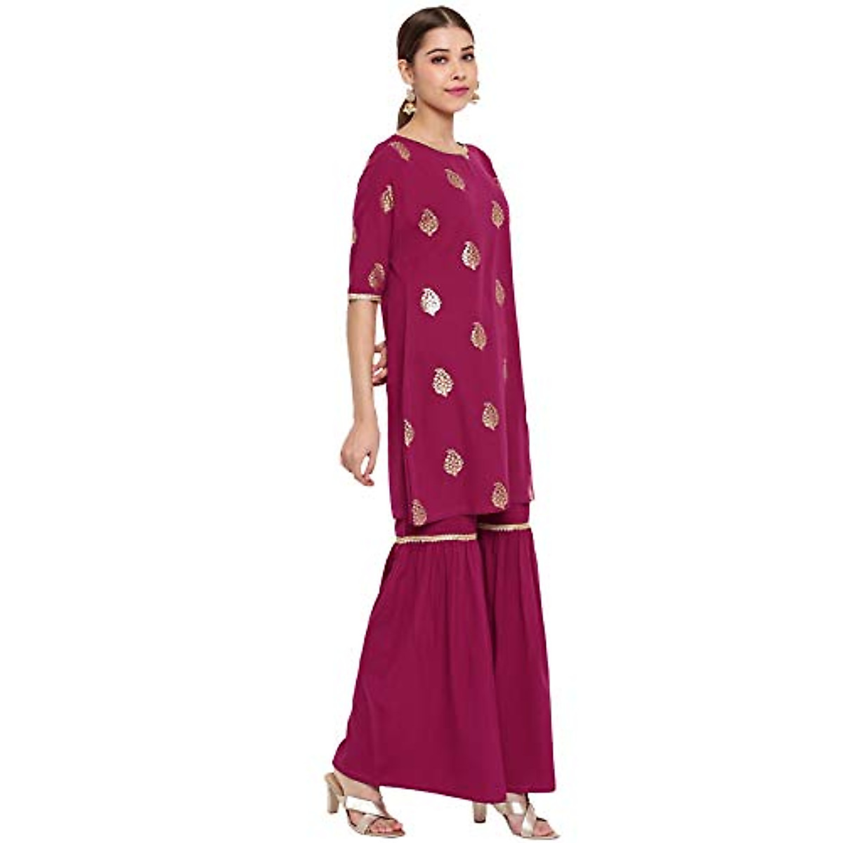 Janasya Indian Women's Magenta Poly Crepe Kurti With Sharara And Dupatta(SET250-KR-SHA-M)
