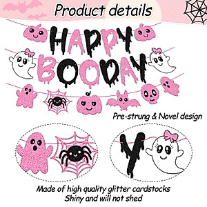 Happy Boo Day Banner Pink Black Halloween Ghost Bat Little Boo Themed for Girl Halloween Happy Boo Day Baby Shower Party Supplies Glitter Halloween Decorations