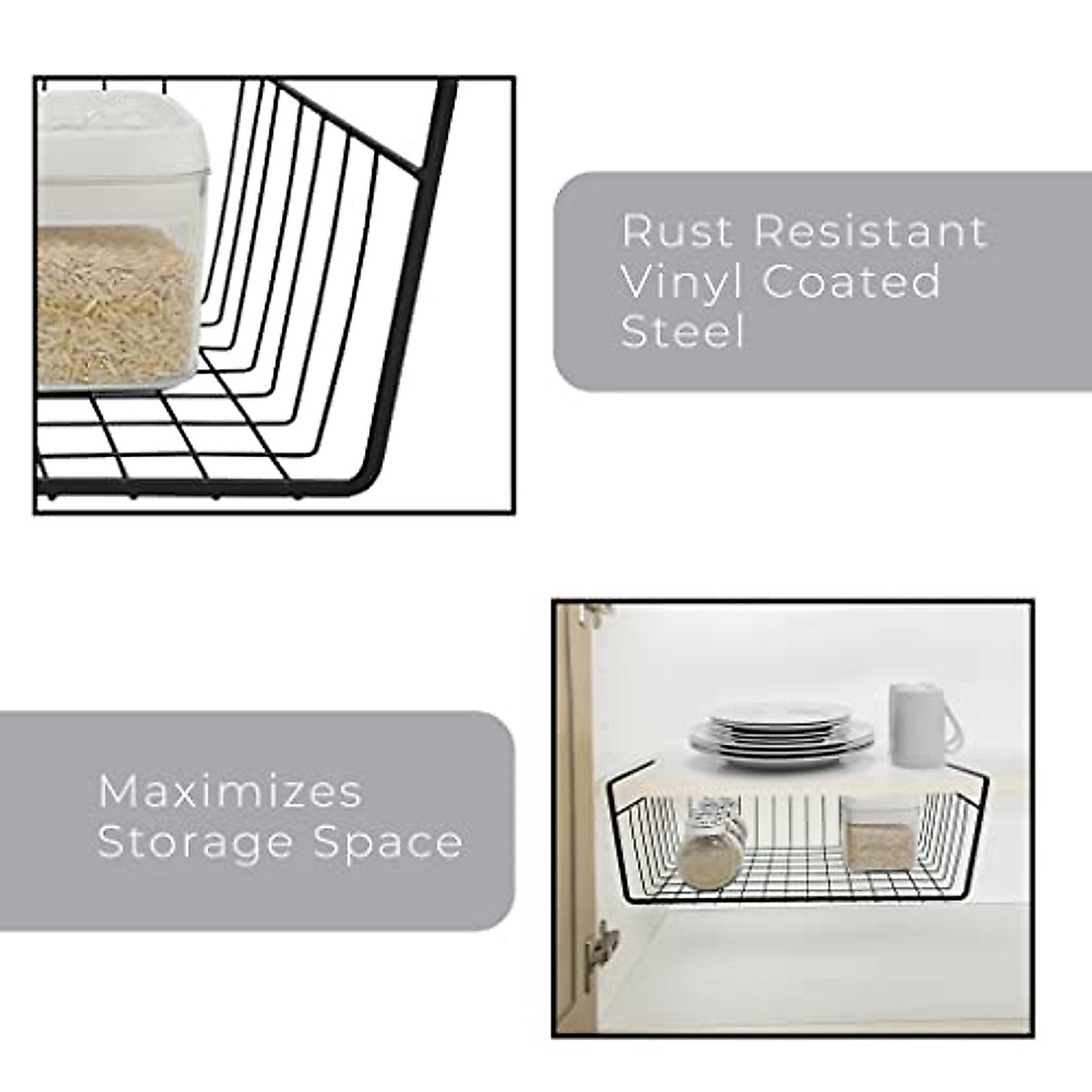 Smart Design Undershelf Storage Basket - Medium - Snug Fit Arms - Steel Metal Wire - Rust Resistant - Under Shelves, Cabinet, Pantry, and Shelf Organization - 16 x 5.5 Inch - Black