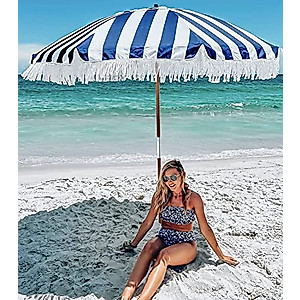 AMMSUN 7.5ft Heavy Duty Beach Umbrella with Fringe Tassel windproof UPF 50+ Blocks UV Commercial Grade White Boho Beach Umbrella with Air Vent Premium Wood Pole & Carry Bag