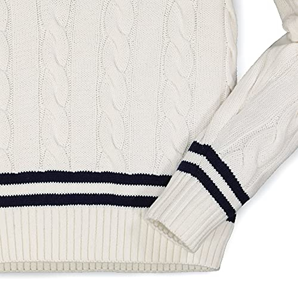 Hope & Henry Women's Organic Long Sleeve V-Neck Cricket Sweater, Large, Soft White Cable with Navy