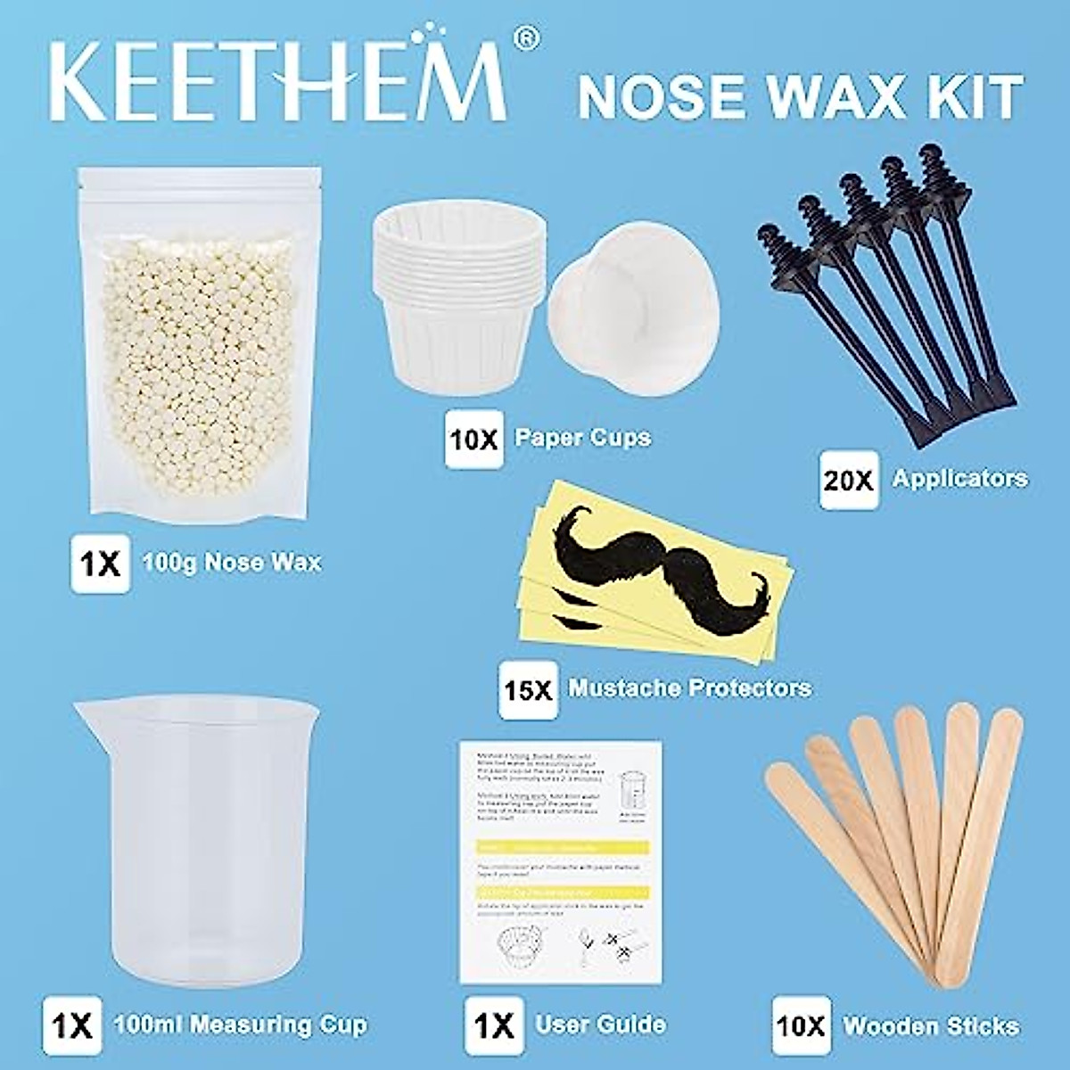 Keethem Nose Wax Kit for Men and Women - Instant Hair Removal, 100g Hard Wax, 20 Applicators, 10 Mustache Guards, and 10 Paper Cups - Painless, Safe, and Long-Lasting Results with 20x Usage - Black Applicators