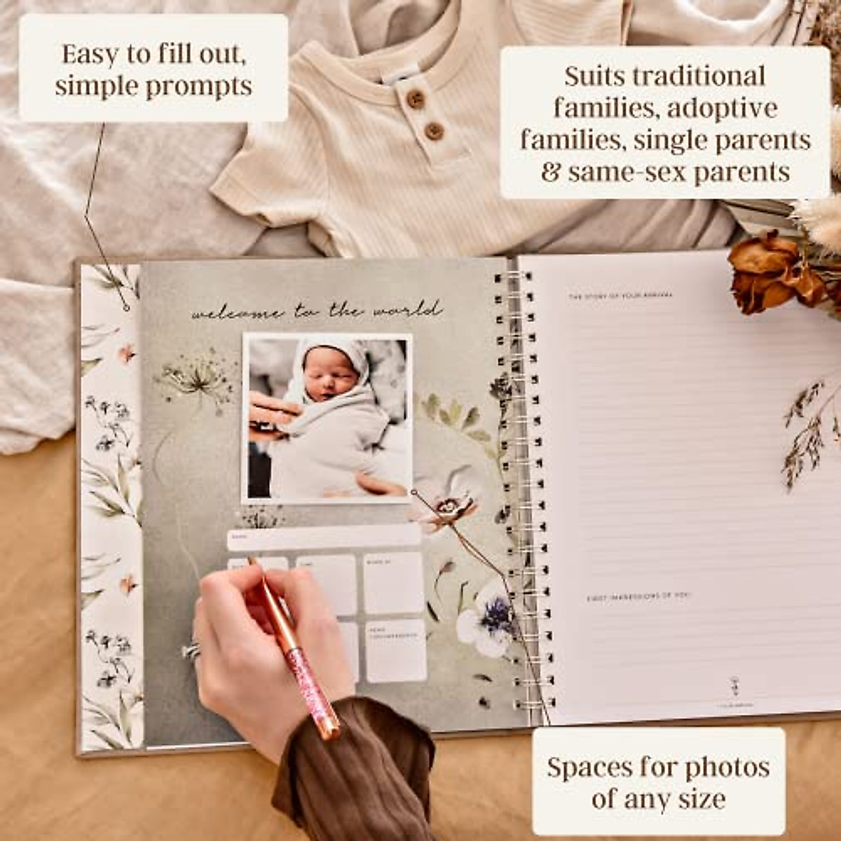Peachly Baby Memory Book | Minimalist First Year Keepsake for Milestone | Simple Baby Scrapbook Books for Girl | 60 Pages Beige Linen - Fleur