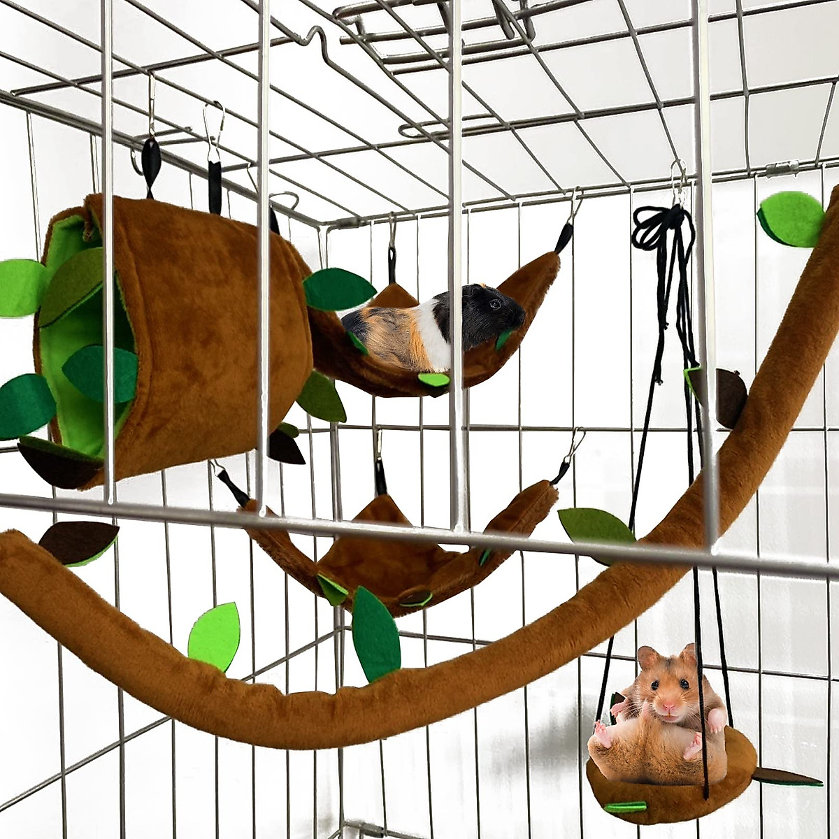 MUYG Hamster Hammock,Small Animal Hanging Hideout Tunnel Sleeping Set Plush Swing Warm Bed House Cage Nest Accessories for Sugar Glider,Squirrel,Brown(5 Pcs)
