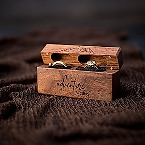 MUUJEE The Adventure Begins Double Ring Box - Engraved Slim Wooden Ring Case Box for Wedding Ceremony Engagement Proposal Ring Bearer Box - Anniversary Birthday Gift Ideas