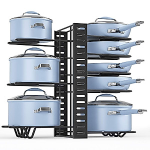 Felibeaco Adjustable Pots and Pans Organizer Rack for Cabinet, Metal Pans Pots Lids Storage Holder Rack under Cabinet with 3 DIY Methods, Pot Rack with 8 Tiers for Kitchen,Counter,Black,