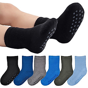 JORMATT 6 Pairs Toddler Thick Thermal Crew Socks Baby Winter Socks Boys Warm Fleece Socks Girls Cute Slipper Socks with Non Slip Girps,2-4 Years L