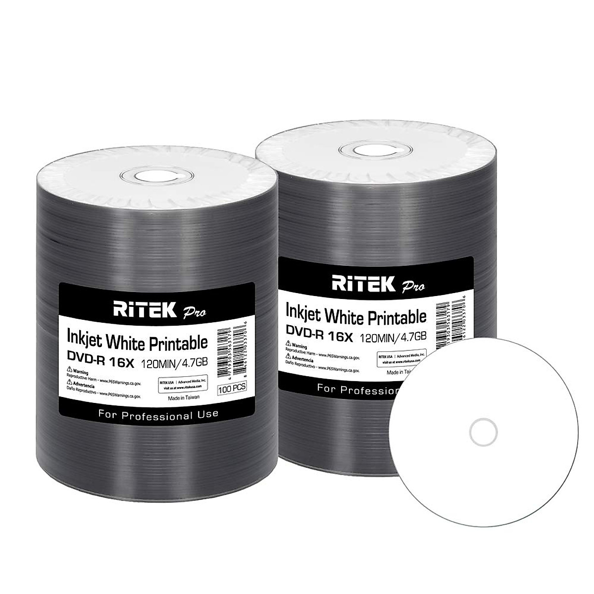 200 Pack Ritek Pro (Professional Grade) DVD-R 16X 4.7GB AZO Dye (MID MXL RG04) White Inkjet Hub Printable Blank Media Recordable Disc
