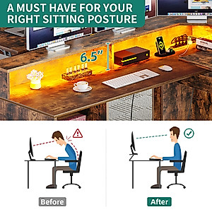 YITAHOME L Shaped Desk with Power Outlets & LED Lights, 60" Corner Computer Desk with Drawers & Lift Top, Home Office Desk with Monitor Stand & File Cabinet, Wood Height Adjustable Desk, Rustic Brown